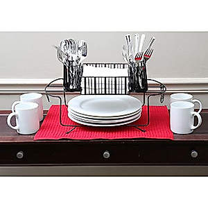 HOME DISTRICT Buffet Caddy for Plates, Utensils, Napkins 2 Tier Silverware Holder Dinner Plate Holder, Black Metal with Scroll Design
