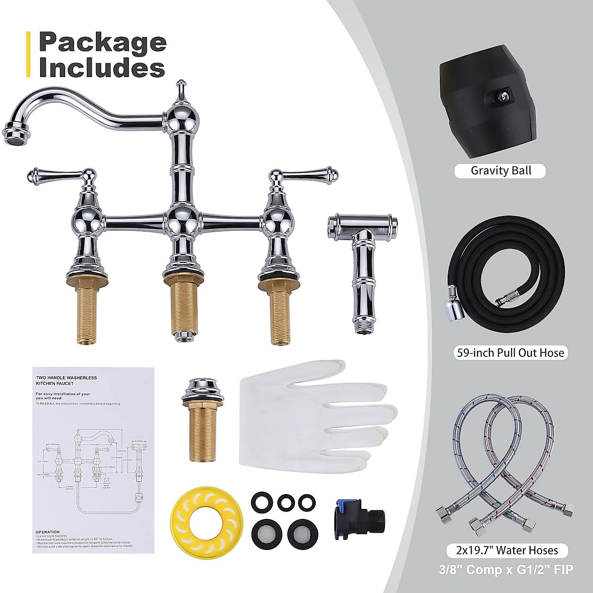 WOWOW 3 Hole Widespread Bathroom Faucet Chrome Bathroom Sink Faucets 2 Handle Bath Faucet 8 inch and 4 Hole Kitchen Faucet with Sprayer, 8 Inch Centerset Brass Bridge Kitchen Faucet