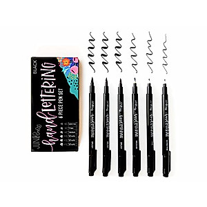 June & Lucy Brush Pens - Calligraphy Pens for Journaling with Black Pen Brush Ink 6 Piece Modern Hand Lettering and Modern Calligraphy Set for Beginners, Brush Pens & Markers with Felt Tip