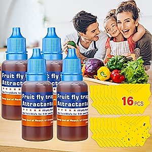 Fruit Fly Traps Refills with 16pcs Sticky Pads Traps, Safe 4pcs Gants Trap Bait Refills Liquid Replacement for Indoors Outdoor Kitchen Home Plant, Fruit Flies Refills for Reusable Fruit Fly Trap