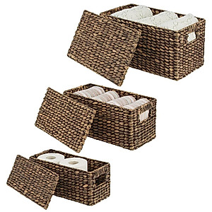 mDesign Woven Water Hyacinth Rectangle Storage Organizer Basket Bin with Topper Lid and Handles - Natural Farmhouse Holder Containers for Closet, Bedroom, Bathroom, Office - Set of 3 - Dark Brown