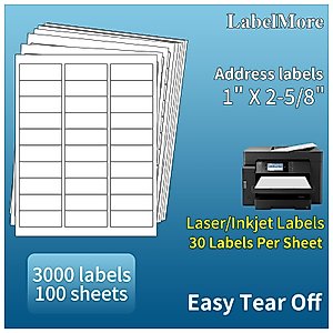 1" X 2-5/8" Address Labels 30 Per Sheet Sticker Paper for Laser and Inkjet Printers, 8.5"×11" White- 3000 Labels