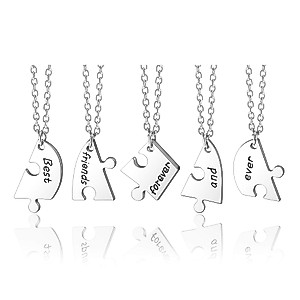 Jovivi Silver Tone Alloy BFF Necklace Best Friends Forever and Ever Heart Puzzle Piece Matching Necklaces Set of 5