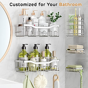 XIWAMA Shower Organizer No Drilling, 5 Pack Rustproof Stainless Steel Shower Shelves, Thickened Shower Caddy with Soap Holder and Hooks, Large Capacity Shower Shelf for Bathroom and Kitchen (Silver)