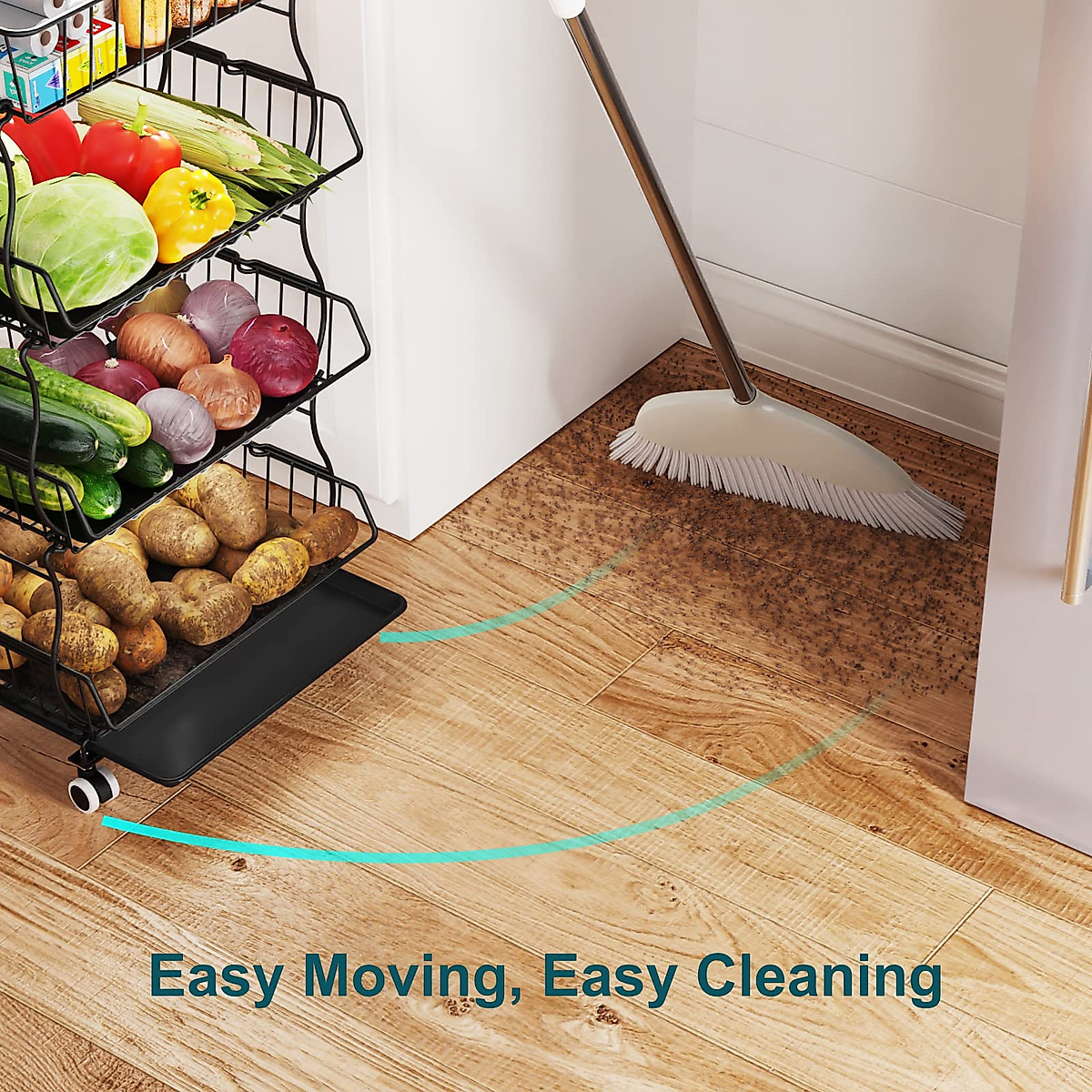 Onion and Potato Storage, Packism 4 Tier Fruit Vegetable Storage Basket with Protective Mats, Rolling Cart Vegetable Storage with Lockable Wheels for Kitchen, Bathroom, Pantry - Black