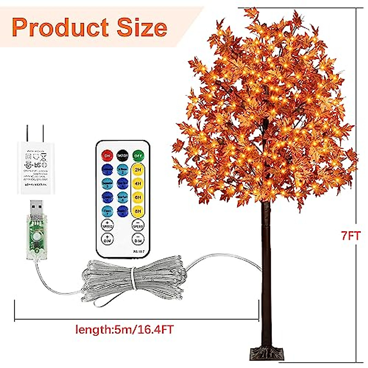 7FT 170 LED Lighted Maple Tree - Thanksgiving Decor Artificial Fall Tree with 17 Branches, 17 Acorns 340 Leaves, Remote 8 Flashing Modes, Timing, DC 5V Safe for Outdoor Wedding Party Autumn Decor…