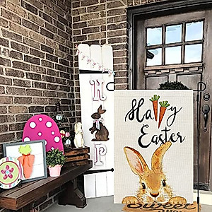CROWNED BEAUTY Happy Easter Bunny Garden Flag 12x18 Inch Double Sided for Outside Burlap Small Yard Holiday Decoration CF697-12