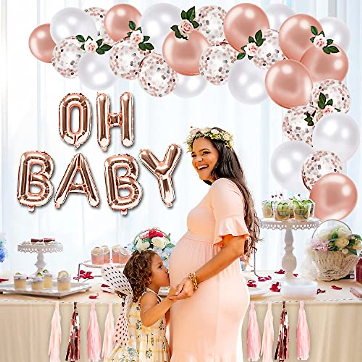 Sekcen Baby Shower Decorations for Girl 69 Pcs Rose Gold Girl Baby Shower Decor Kit with Foil & Confetti Balloons, Tassels, Triangle Flags