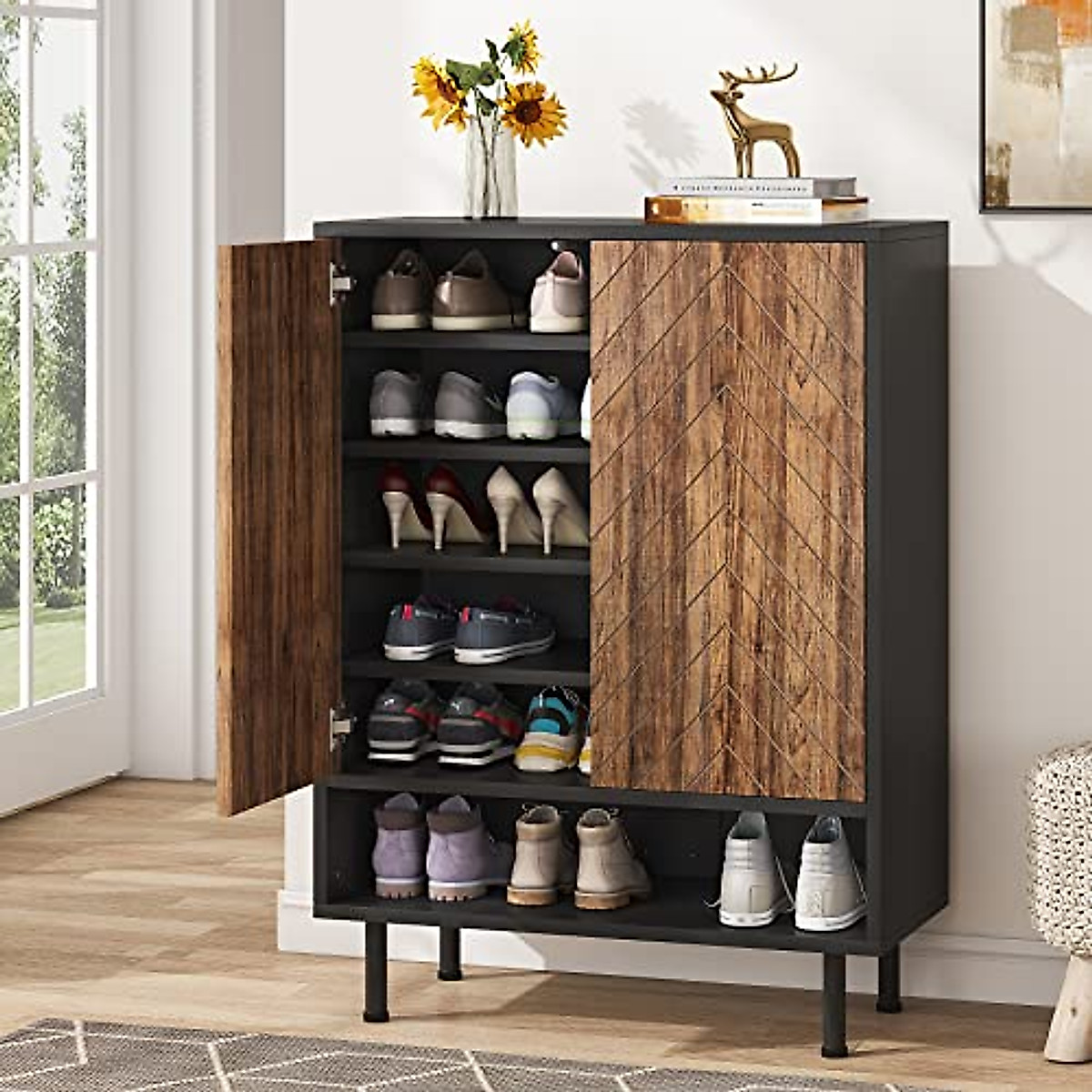 LITTLE TREE Shoe Cabinet with Doors, 6-Tier Modern Shoe Storage Cabinet with Adjustable Shelves, Wooden Free Standing Shoe Storage for Entryway, Hallway, Closet