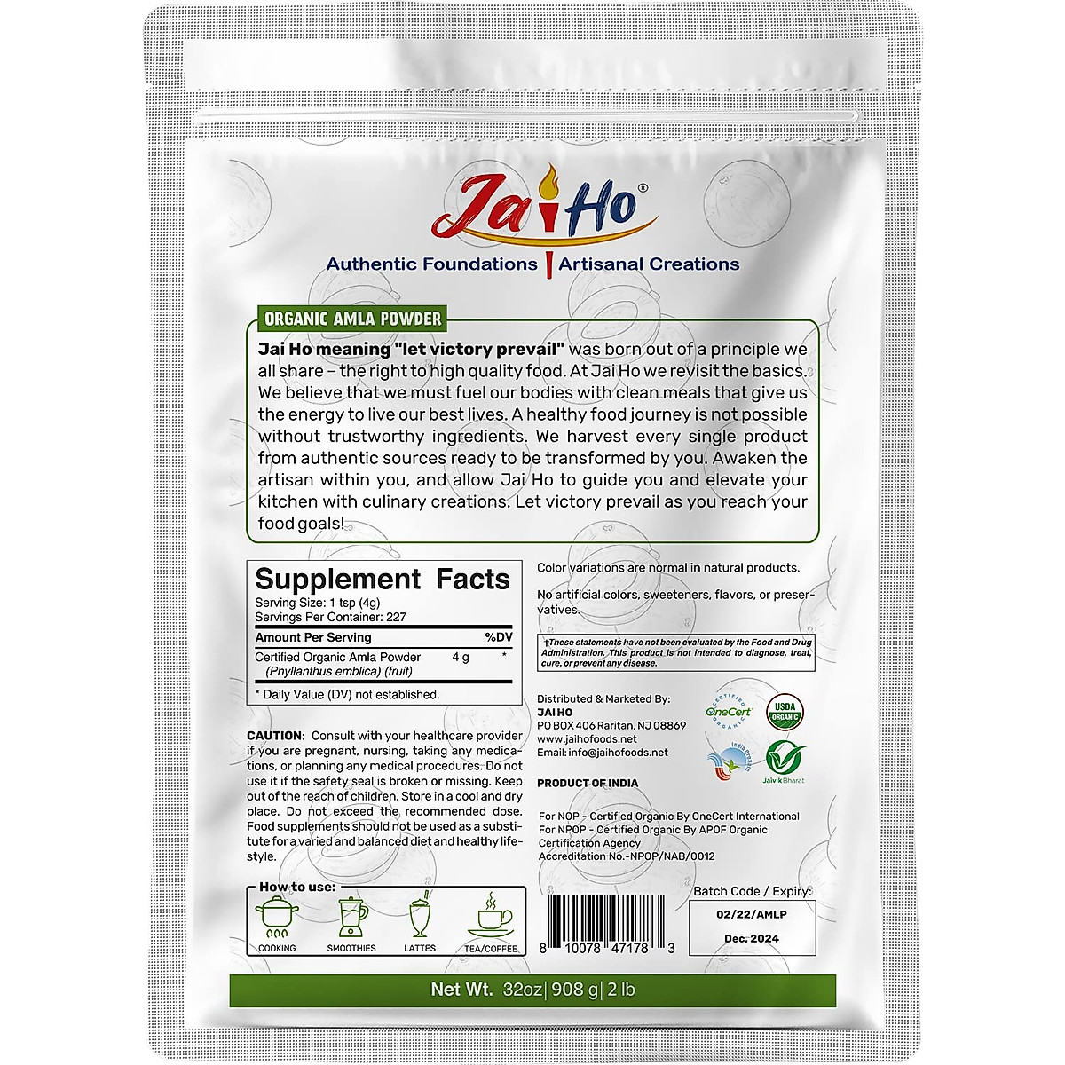 Jai Ho Certified Organic Amla Berry Powder (Amalaki), 2 LB - Rich in Antioxidant Vitamin C | Supports ImmunityGluten Free, Vegan, Non-GMO - Resealable Zip Lock Pouch