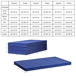 JINGWEI Folding Mattress, Tri-fold Memory Foam Mattres Topper with Washable Cover, 3-Inch, Full Size,Play Mat, Foldable bed, Guest beds, Camp Portable bed, Blue, 52"*73"*3"