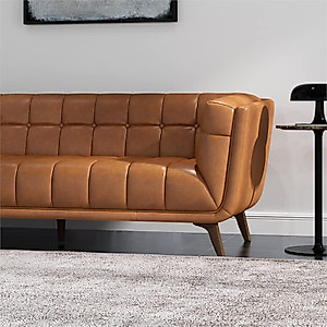 Ashcroft Furniture Co Allen Mid Century Modern Tufted Genuine Leather Sofa in Cognac Tan