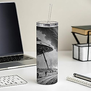 Martian Alien Invasion Tripod War Machine Retro Black and White Skinny Tumbler 20oz with Straw Insulated Water Bottle Gift