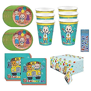 Amscan Cocomelon Birthday Party Supplies Bundle Pack includes 16 Dessert Plates, 16 Lunch Napkins, 16 Paper Cups, 1 Plastic Table Cover (Bundle for 16)