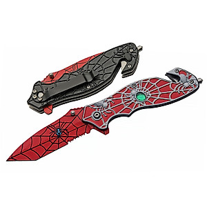 8” Red Spiderweb Assisted Open Pocket Folding Edc Knife Red Stainless Steel Clip Point Blade With Spider Web Print Red Aluminum Handle With Green Jewel Inlay