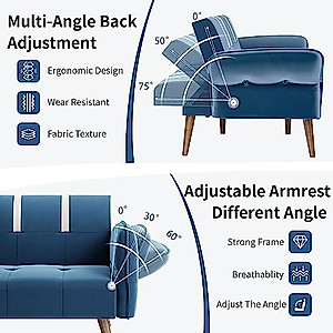 Shintenchi 79" Futon Sofa Bed, Small Modern Loveseat Sofa Velvet 2-Seat Sofa Couch Foldable Couch Convertible Loveseat w/Adjustable Armrests Backrest for Living Room Small Space Deep Blue