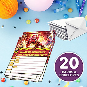 Flash Invitation Cards and Envelopes – 20 Fill-in Invites for Kids Birthday Bash and Theme Party, 10X15 cm, Postcard Style