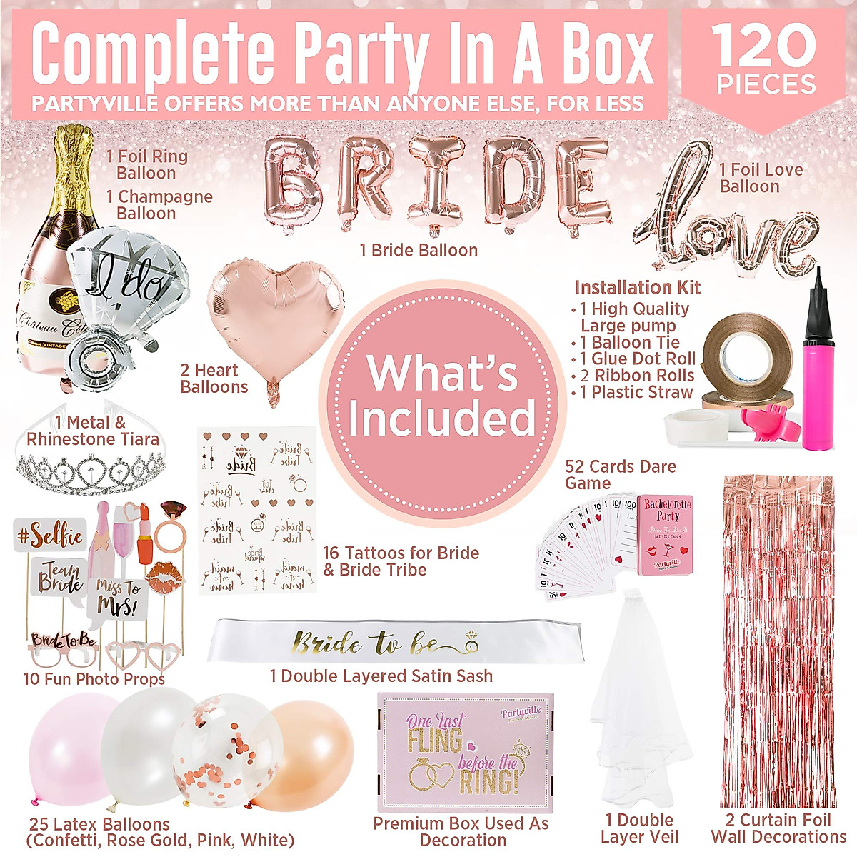 Partyville Bachelorette Party Decorations - 120 Pc Bridal Shower Decorations w/ Bride To Be Sash, Bride Balloons, Bachelorette Veil, Bride To Be Sash and Tiara - Bachelorette Decorations Naughty