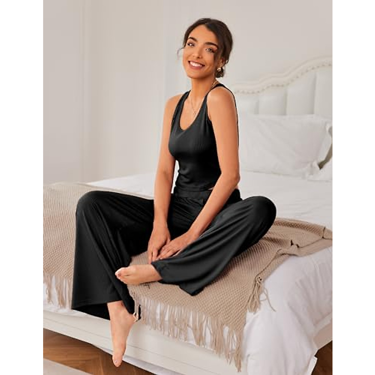 Ekouaer Women's Pajamas 2 Piece Lounge Set Ribbed Knit Loungewear Sleeveless Tank Top Wide Leg Pants,Black,S