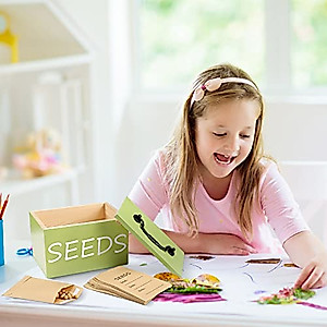 Seed Storage Box Organizer with 20 Pcs Resealable Self Stick Paper Seed Envelopes Wooden Compact Seed Packet Container with Lid Green Seed Storage Organizer Box Seed Packet Organizer