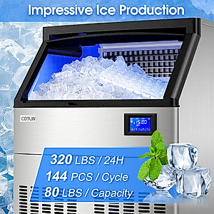 COTLIN Commercial Ice Maker Machine 320LBS/24H with 100LBS Storage Bin, 26” Air Cooled Under Counter Ice Machine with 10LBS Ice Bags Freestanding Clear Cube Ice Maker for Home Bar Restaurant, 115V