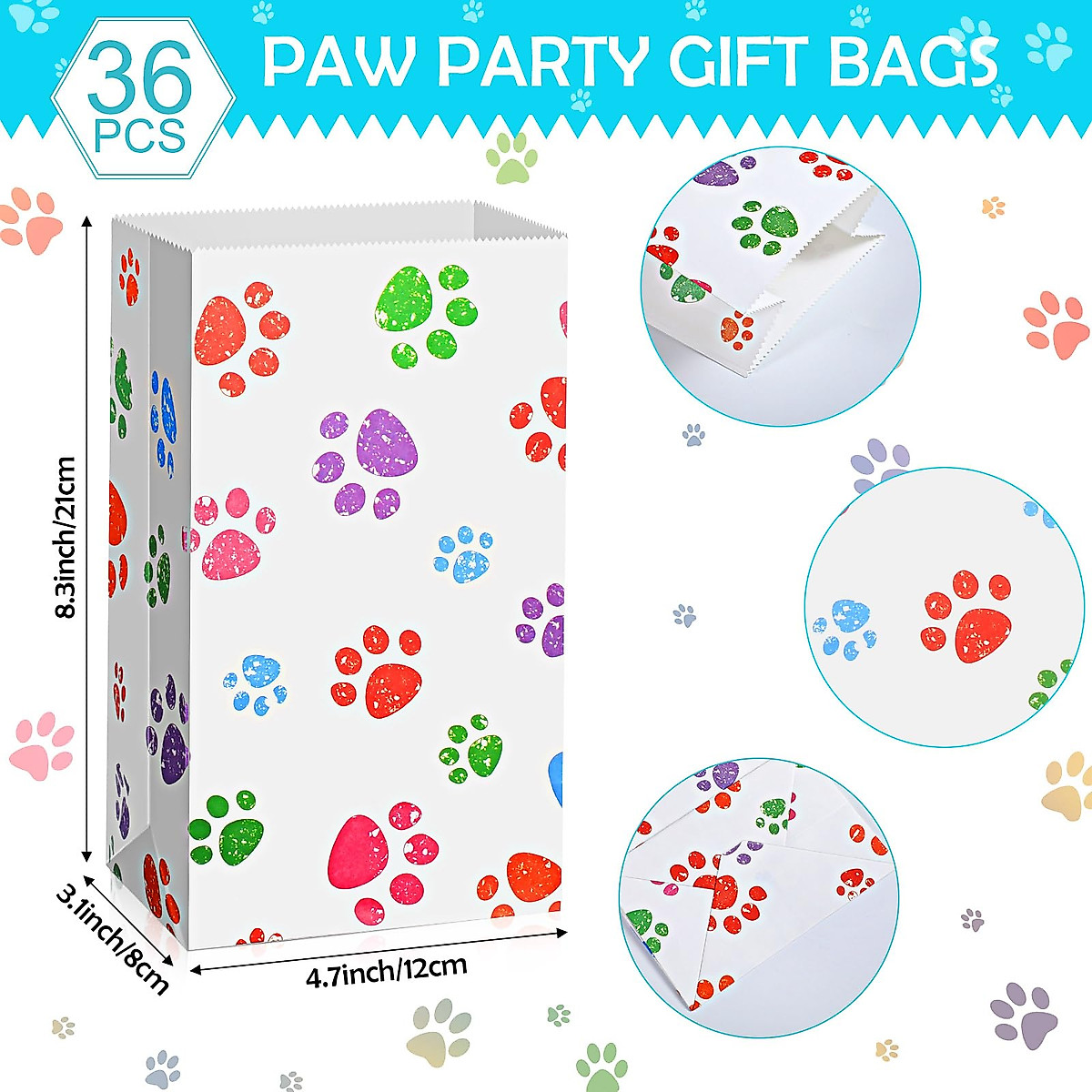 Blulu 36 Pack Dog Paw Gift Paper Bags Dog Paw Treat Goodie Bags Party Favors for Cat Pet Party Favor(Colorful)