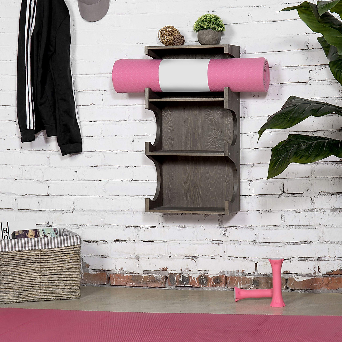 MyGift Wall Mounted Vintage Gray Wood 3-Tier Foam Roller, Yoga Mat Hanging Rack with Top Display Shelf