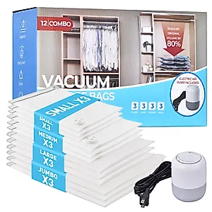 12 Pack Vacuum Storage Bags with Electric Air Pump, Vacuum Seal Bags for Clothing (3Jumbo/3Large/3Medium/3Small), Space Saver Bag for Clothes, Blanket, Duvets, Pillows,Comforters, Bedding,Travel