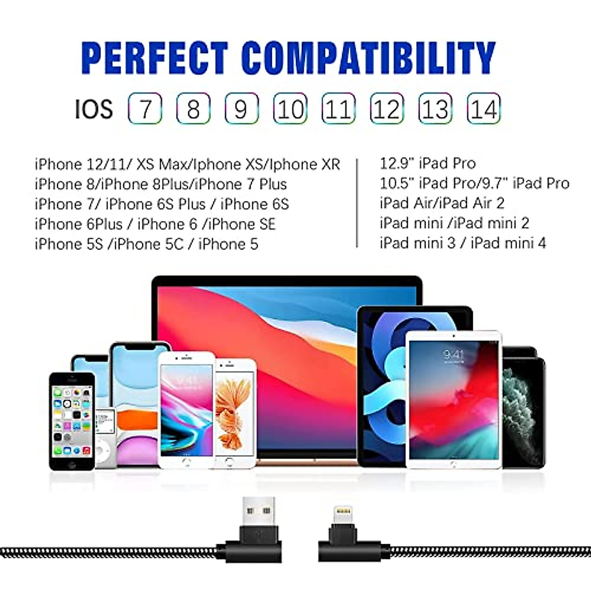 iPhone Charger [MFi Certified] 3 Pack (3/6/10FT) Nylon Braided Lightning Cable Right Angle Fast Charging Cords Compatible with iPhone 14/13/12/11/ Xs/XS Max/XR/X/8/8 Plus/7/7 Plus iPad iPod AirPods