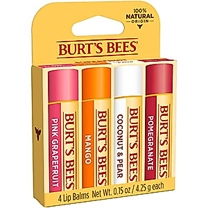 Burt's Bees Lip Balm Easter Basket Stuffers, Moisturizing Lip Care Spring Gift, for All Day Hydration, 100% Natural, SuperFruit - Pomegranate, Coconut & Pear, Mango, Pink Grapefruit (4 Pack)
