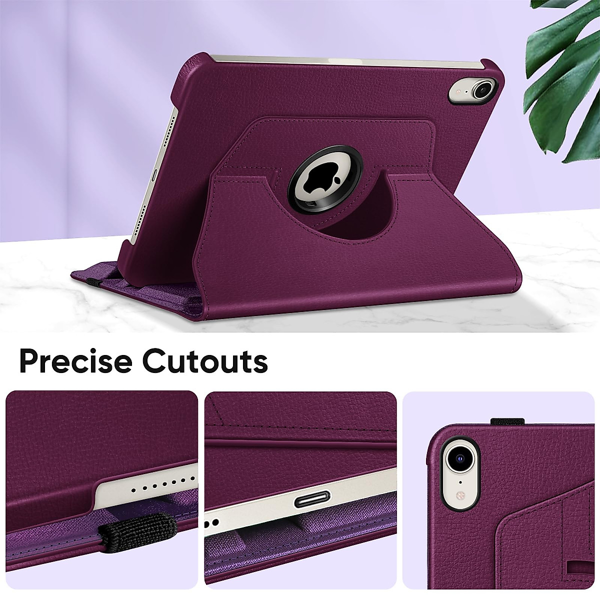 Fintie Rotating Case for iPad Mini 7 (A17 Pro, 7th Generation) 2024 / iPad Mini 6 (6th Gen) 8.3 Inch - 360 Degree Swiveling Stand Protective Back Cover, Auto Wake/Sleep, Purple