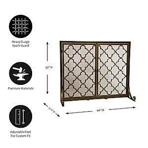Plow & Hearth Metal Fireplace Screen Geometric Bronze | 44" W x 33" H | 2 - Door | Spark Guard Indoor Grate | Iron Fire Place Cover | Wood Burning Stove Decorative Accessories