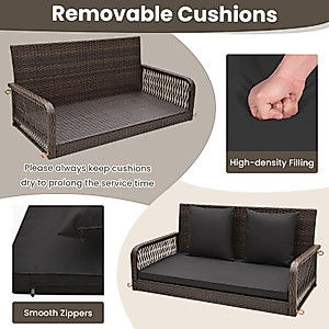 Tangkula Wicker Outdoor Porch Swing, 800 LBS Capacity Outdoor Swing Bench with Hanging Chains, Back and Seat Cushions, 2-Seater Hanging Patio Bench for Deck, Garden, Yard (Black)