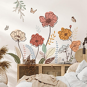 wondever Boho Flower Wall Stickers Wildflower Floral Grass Peel and Stick Wall Art Decals for Living Room Bedroom TV Wall