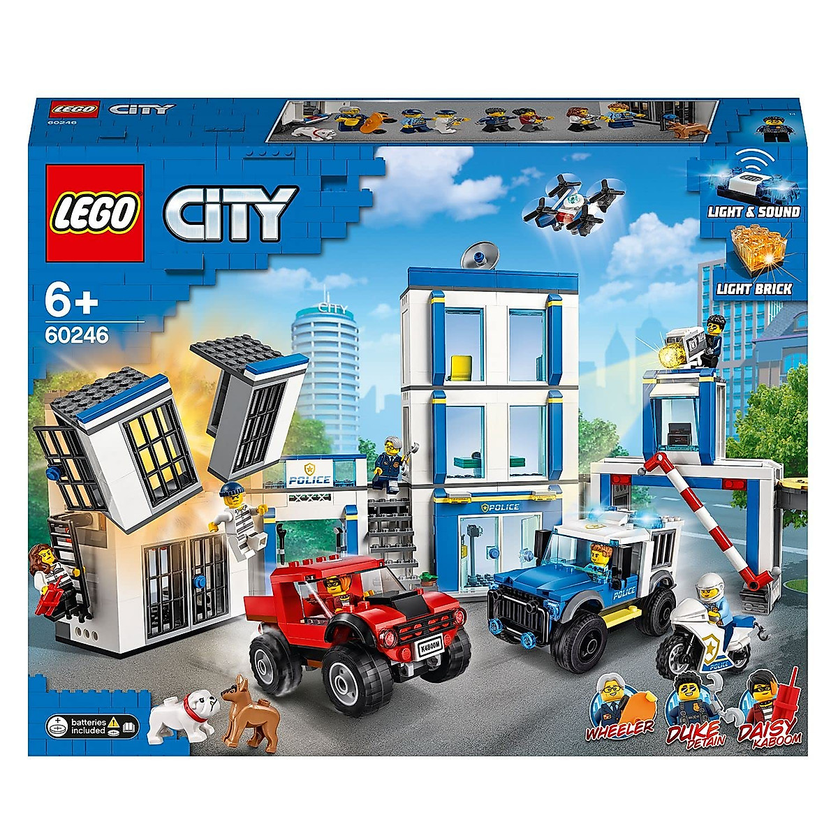 LEGO 60246 City Police Station Building Set with 2 Truck Toys, Light & Sound Bricks, Drone and Motorbike