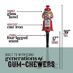 Gumball Machine - 15 Inch Candy Dispenser with Stand for 0.62 Inch Bubble Gumball - Heavy Duty Red Metal with Large Glass Bowl - Easy Twist-Off Refill - Free or Coin Operated - by The Candery