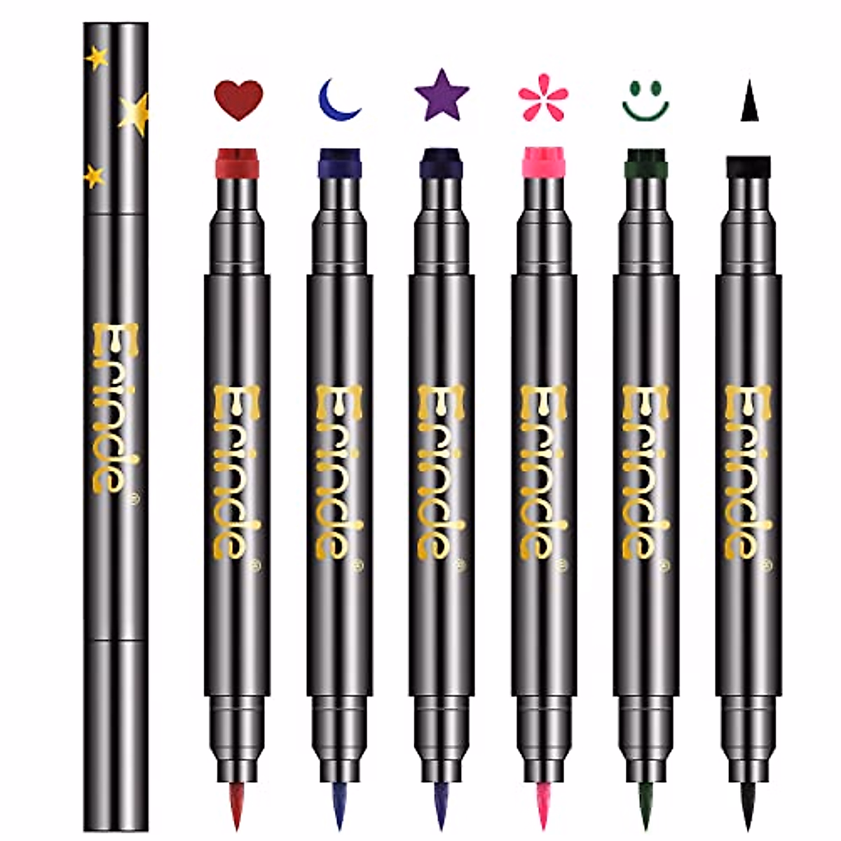 Erinde 6 Colors Double-headed Liquid Eyeliner Stamp Pen Set, Blue Red Pink Purple Green Black Colorful Winged Eye Liners for Women, Waterproof Long-Lasting Star Moon Heart Eye Face Makeup