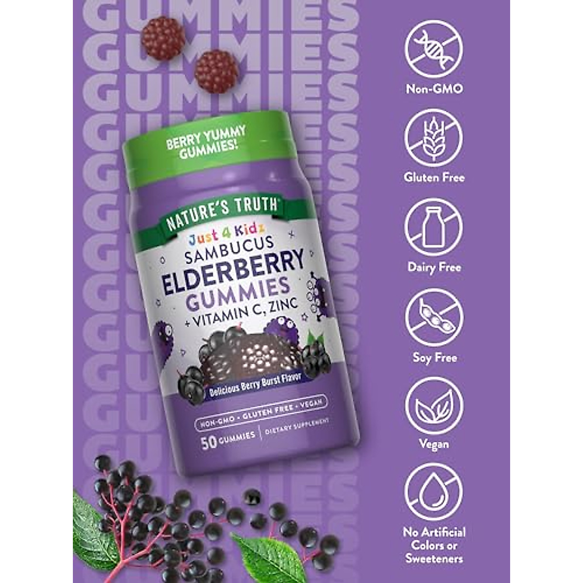 Nature's Truth Kids Elderberry Gummies | 50 Count | with Zinc and Vitamin C | Vegan, Non-GMO & Gluten Free Supplement