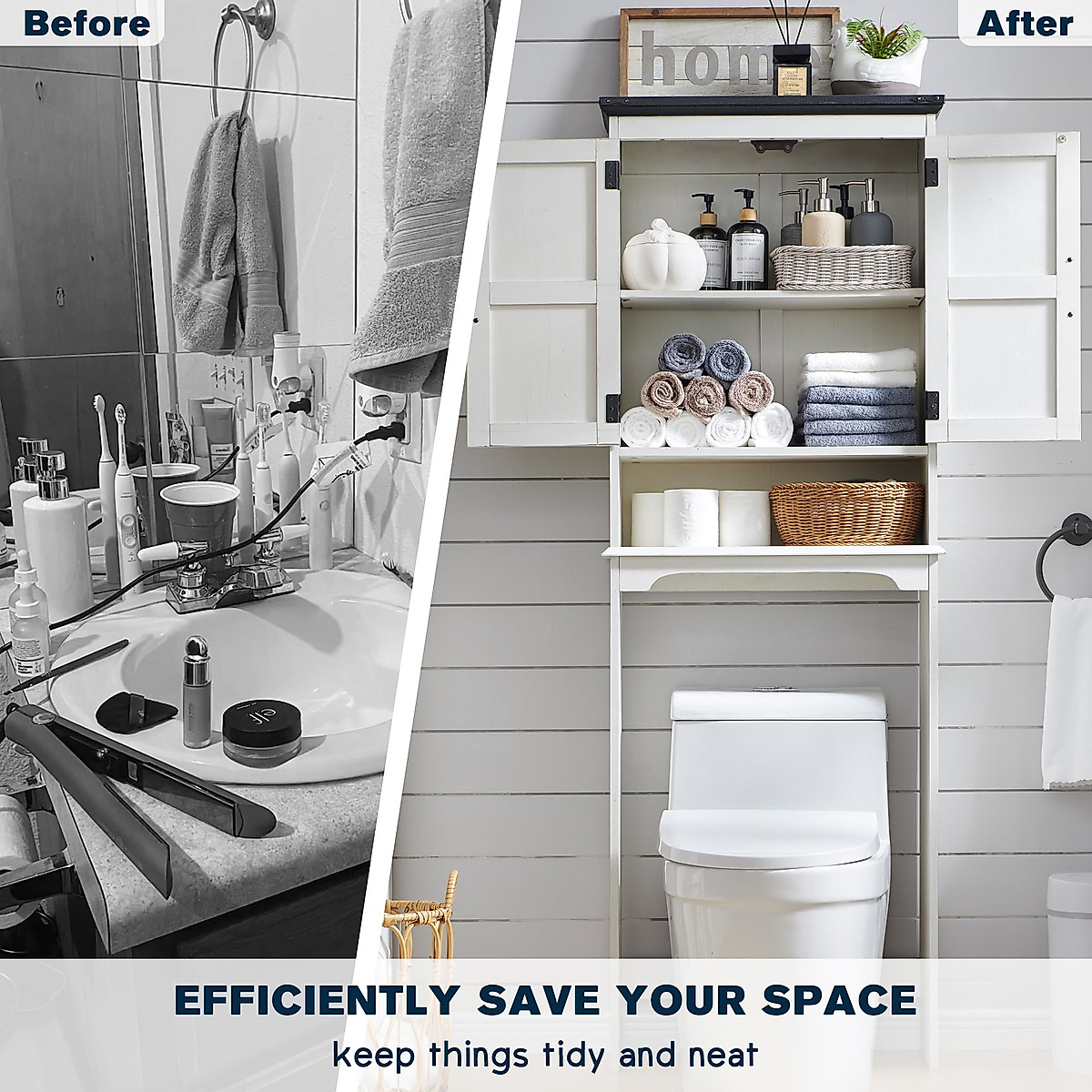 ACCOHOHO Over The Toilet Storage Cabinet, Farmhouse Bathroom Cabinet with Adjustable Shelf & Barn Door, 67" Tall Over The Toilet Shelf, Off White