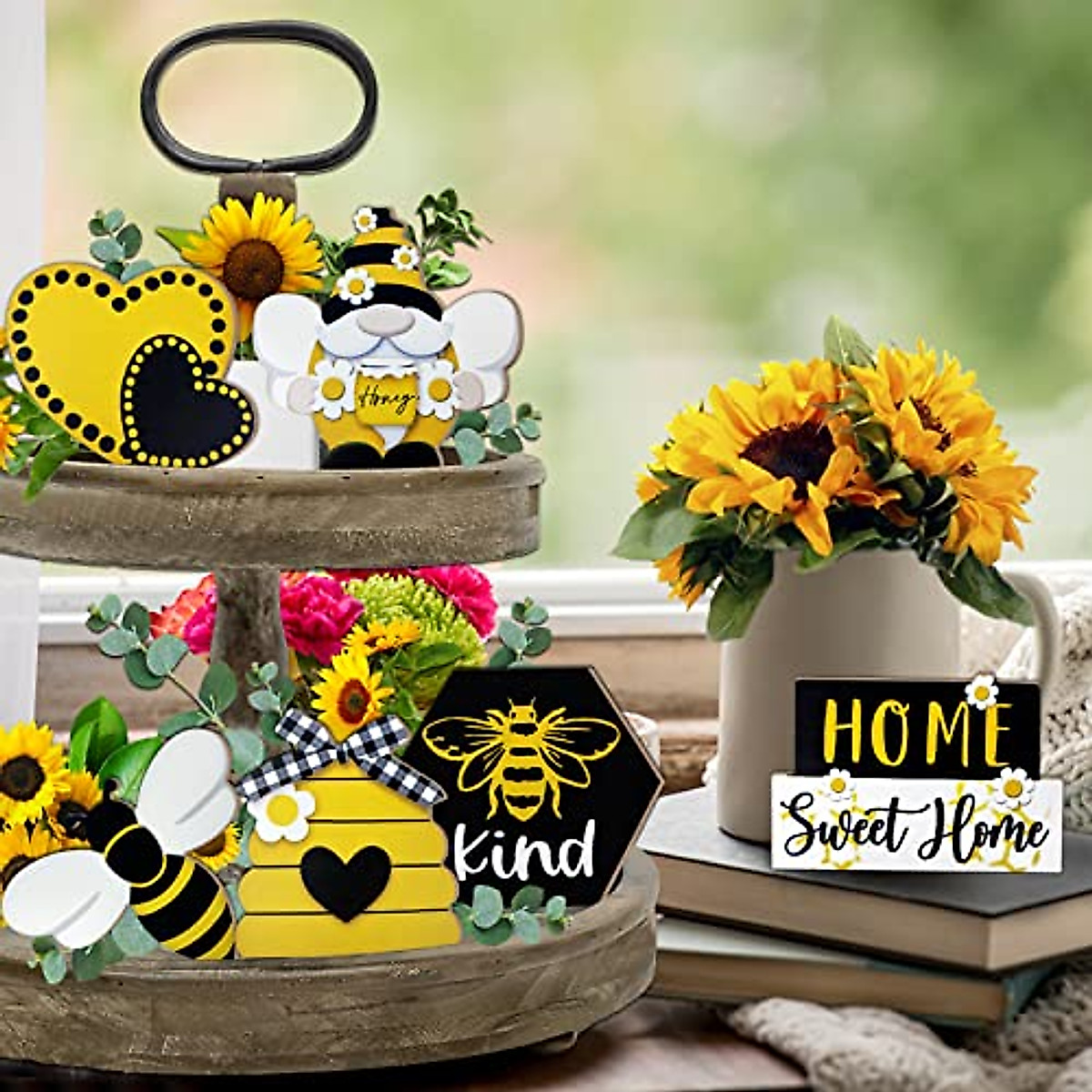 Guoofu Bee Tiered Tray Decor, 6 Pieces Spring Summer Farmhouse Tiered Tray Decorations, Decorative Bumble Bee Gnome Hive Honey Wooden Signs, Rustic Home Decor for Table Mantel Office Holiday Party