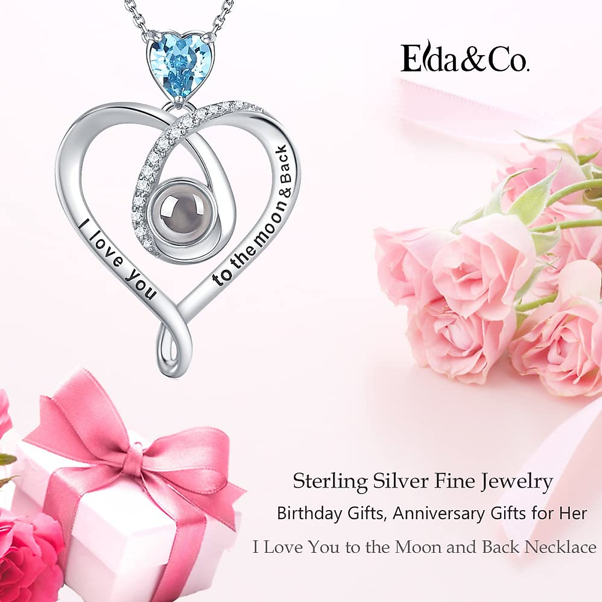 Birthday Gifts for Wife Blue Topaz Jewelry I Love You Necklace 100 Languages to the Moon and Back Sterling Silver Women