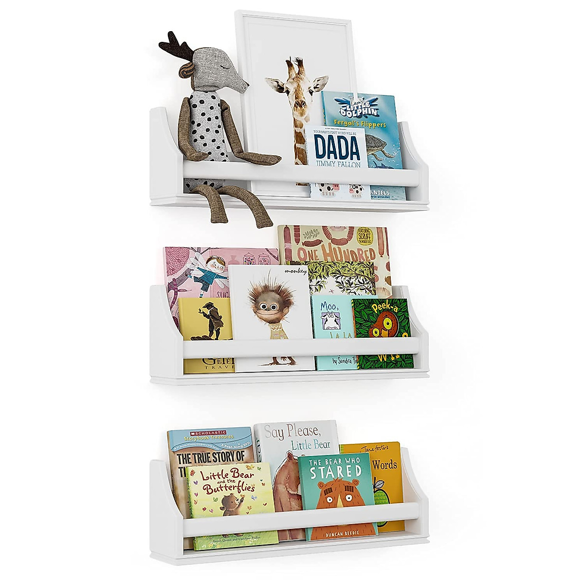 Nursery Décor Wall Shelves – 3 Set Shelf - Crown Molding Floating Bookshelves for Baby and Kids Room Book Organizer Storage Ledge, Display Holder for Toys, CDs, Baby Monitor, Frames