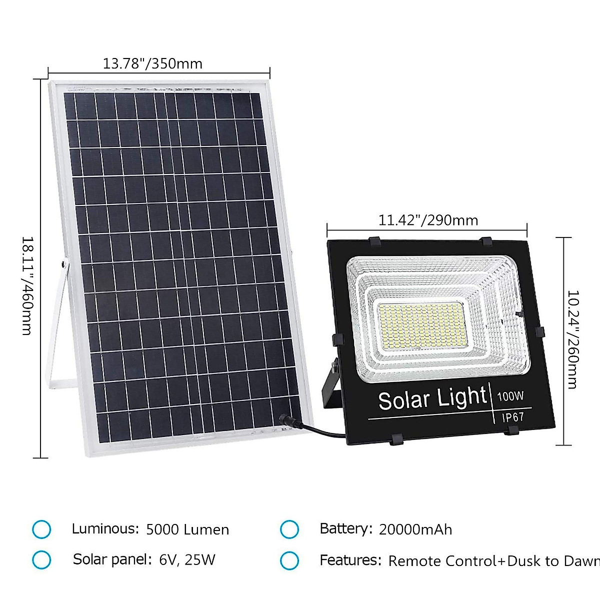 BRILLIHOOD LED Solar Flood Light, 100W, 5000 LM, 6500K, Outdoor Dusk to Dawn Security Light IP67 Waterproof Street Light with Remote Control for Lawn, Yard, Garden, Gutter, Swimming Pool, Pathway