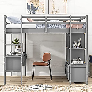 Merax Full Size Loft Bed with Built-in Desk with Two Drawers, Storage Shelves, Solid Wood Frame for Teens, Grey