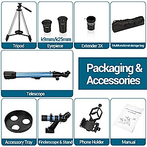 BNISE Telescope for Adults Astronomy 600/50mm Positive Imaging Telescope for Kids and Beginner with 3X Extender and 2 Eyepiece (9mm & 25mm) Refractor with Phone Adapter, Tripod and Carring Bag