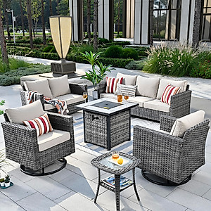 ovios 6 Pieces Patio Furniture Set with Square Fire Pit Table, Swivel Rocking Chairs, Loveseat, Outdoor High Back Wicker Rattan Conversation Set for Deck Porch, Beige