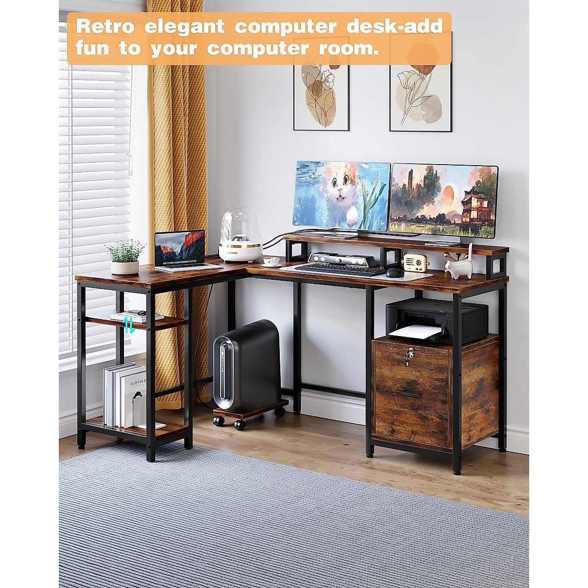 L Shaped Office Desk, 67" Home Office Desk with File Drawer & Power Outlet, Gaming Desk with Mobile CPU Stand, Corner Computer Desk with Monitor Shelf, Printer Storage Shelves, Two Person Desk, Brown