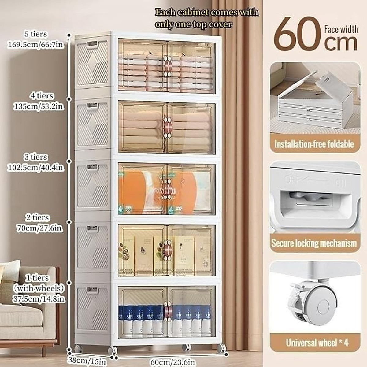 JH Spracely 5 Layer 203 Gallon Collapsible Storage Bins with Lids and Wheels, Large Stackable Plastic Organizer Bins for Closet and Office, Folding Storage Boxes with Open Front Door,for 8+ Years