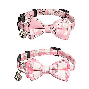 Gyapet Pink Cat Collar Breakaway Safety with Bell Bow Tie Pack in 2 Plaid Flower Pattern Kitten 7-11in Pink Flower & Plaid