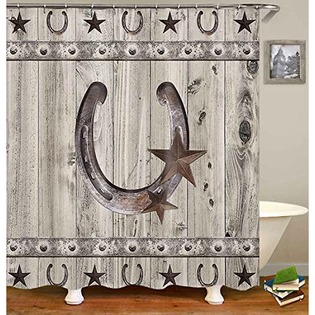 Camille&Andrew 4PCS Western Shower Curtain Set, Horseshoe Texas Star Barn Star Wooden Barn Door Country Rustic Farmhouse Bathroom Decor, Waterproof Fabric Shower Curtain, Non-Slip Bath Mat Toilet Rug